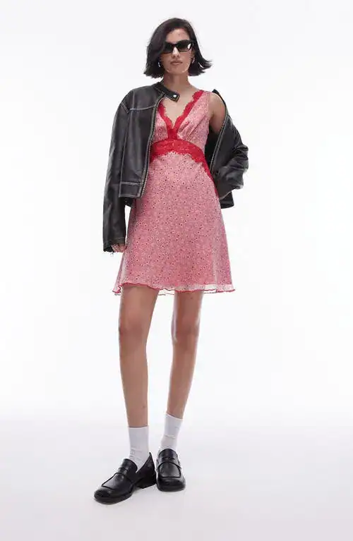 Topshop Floral Lace Mini Dress - Pink/ Red | Editorialist