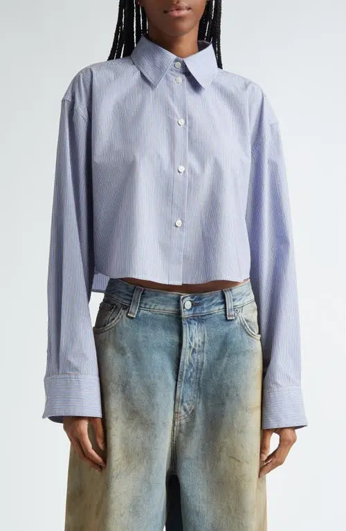 Acne Studios Satai Stripe Crop Cotton Shirt - Sky Blue/ Coffee Brown