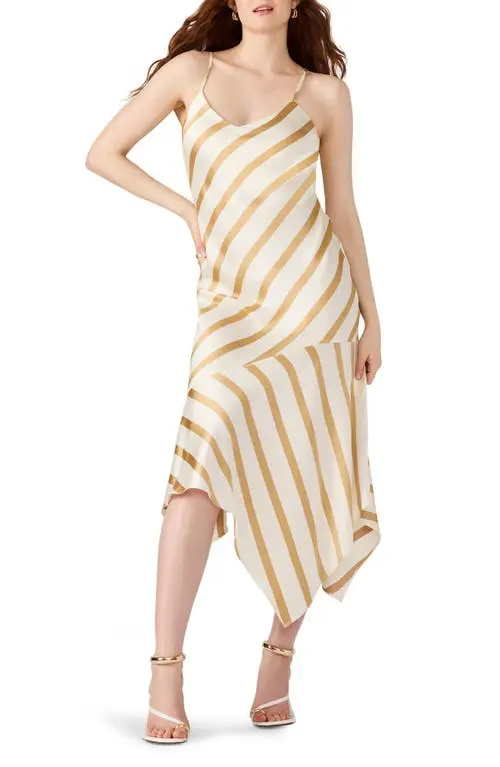 Steve Madden Lucille Stripe Asymmetric Hem Satin Midi Dress - White Multi Stripe