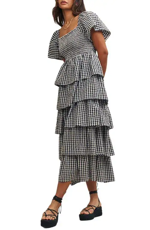 fitted lace wedding dress Red Plaid Tiered Maxi Dress - All Dresses