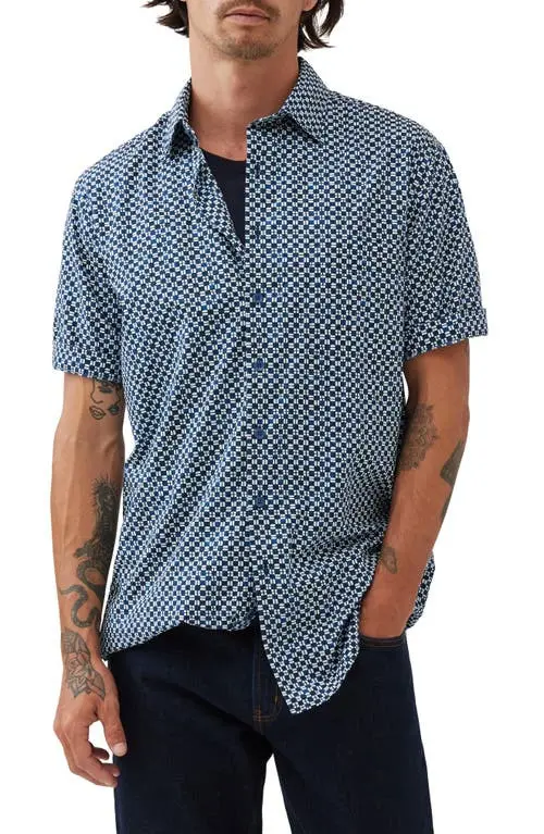 Rodd & Gunn Yate's Point Original Fit Tile Print Short Sleeve Cotton Button-up Shirt - Indigo