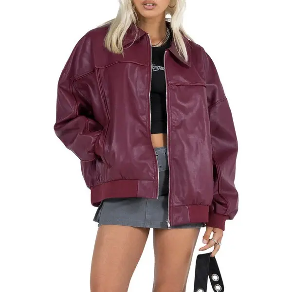 Princess Polly Goldsmith Faux Leather Bomber Jacket - Dark Red