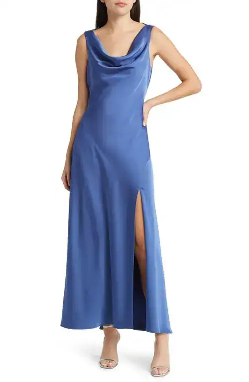 white christmas dresses Sleeveless Bias Cut Foil Cowl Gown In Dark Olive main image 1