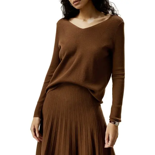 Lilysilk V-neck Merino Wool Sweater - Brown