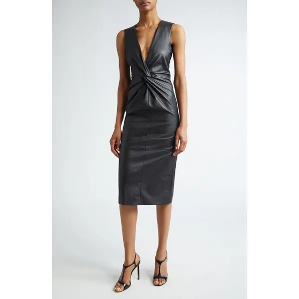 Michael Kors Twist Front Leather Midi Dress