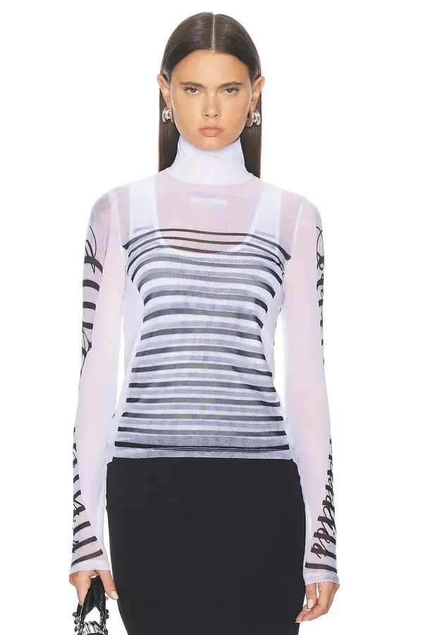 Jean Paul Gaultier Feathers Mariniere Printed Mesh Long Sleeve Top