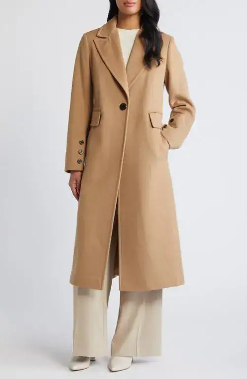 Wool Blend Coat Sam Edelman Tweed Reefer Maxi Coat Sam Edelman  Single-Breasted Wool-Blend Reefer Coat In Camel 40