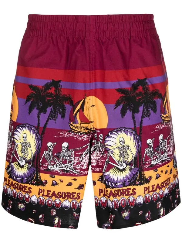 PLEASURES Illustration Print Cotton Shorts - Bordeaux