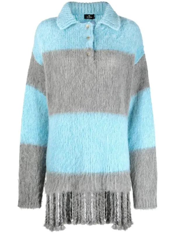 Etro Striped Wool Blend Polo Shirt - Clear Blue