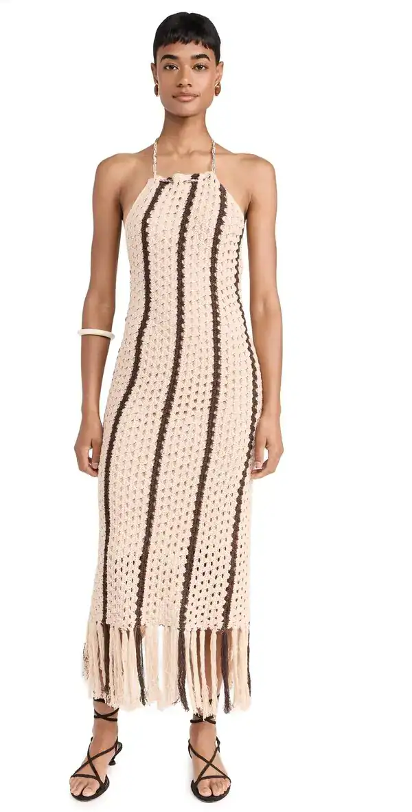 Moon River Halter Fringe Midi Dress In Taupe - 76% Off