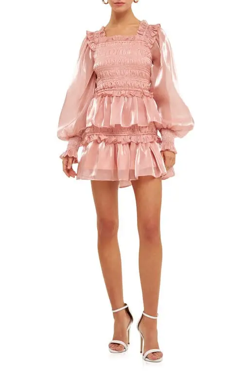 Endless Rose Metallic Sheen Long Sleeve Ruffle Mini Dress