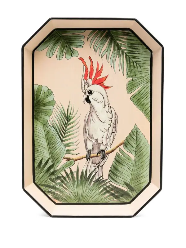 LES-OTTOMANS Hand-painted Flora Bird Tray - Neutrals