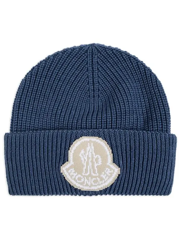 Moncler Logo-patch Virgin-wool Beanie - Blue