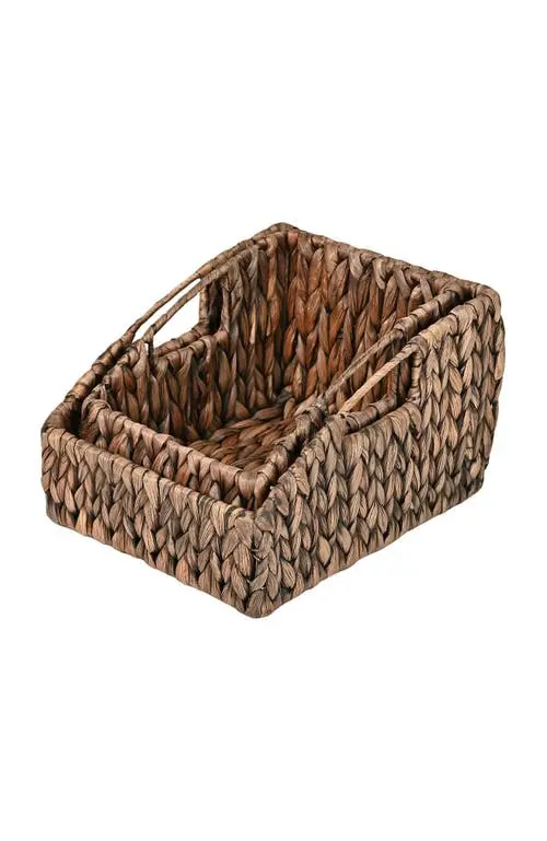 HAPPIMESS Havanah Southwestern Handwoven Hyacinth Slanted Pantry Baskets With Handles - Brown