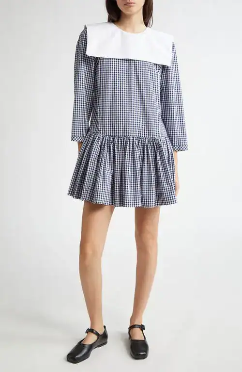 Sandy Liang Gingham Drop Waist Minidress In Navy Gingham - 65% Off
