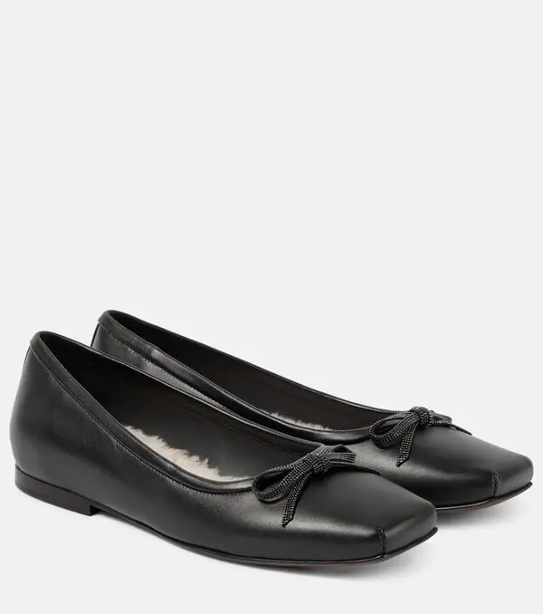 Brunello Cucinelli Leather Ballet Flats With Bow Detailing - Black