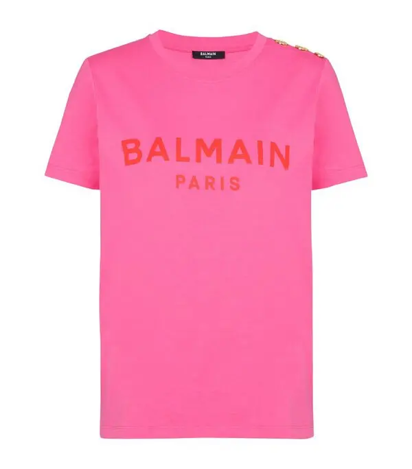 Balmain Button-Detail Logo T-Shirt Pink Editorialist