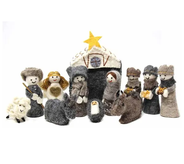 GLOBAL CRAFTS 12pc Handmade Felt Nativity Set W Storage Barn