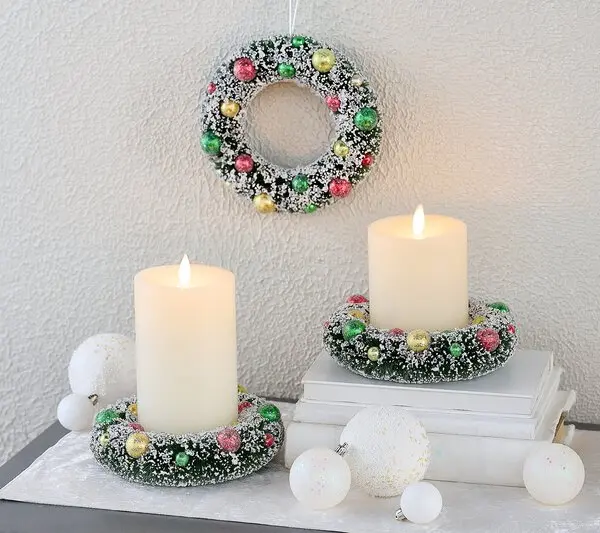 VALERIE PARR HILL Set Of 3 Bottlebrush Candle Rings W/ Ornaments Valerie