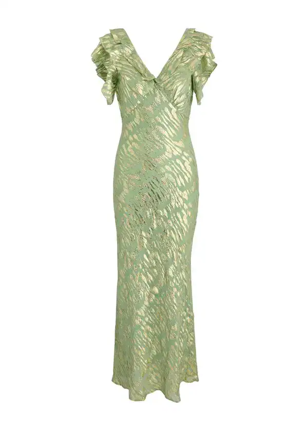 Never Fully Dressed Tilda Metallic-Jacquard Chiffon Dress - Lime |  Editorialist