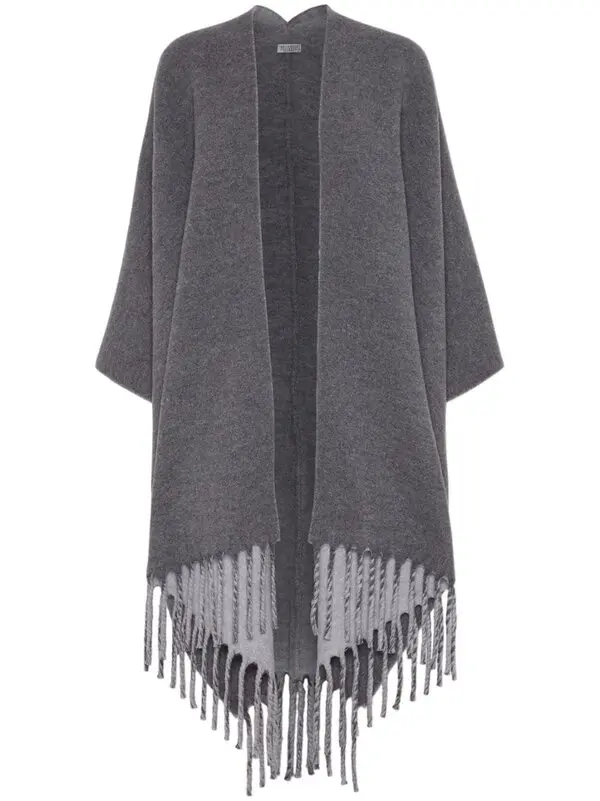Brunello Cucinelli Wool-cashmere Cape With Fringed Edge - Grey