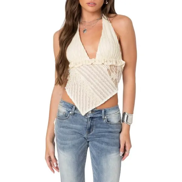 EDIKTED Quinta Lacy Triangle Hem Halter Top