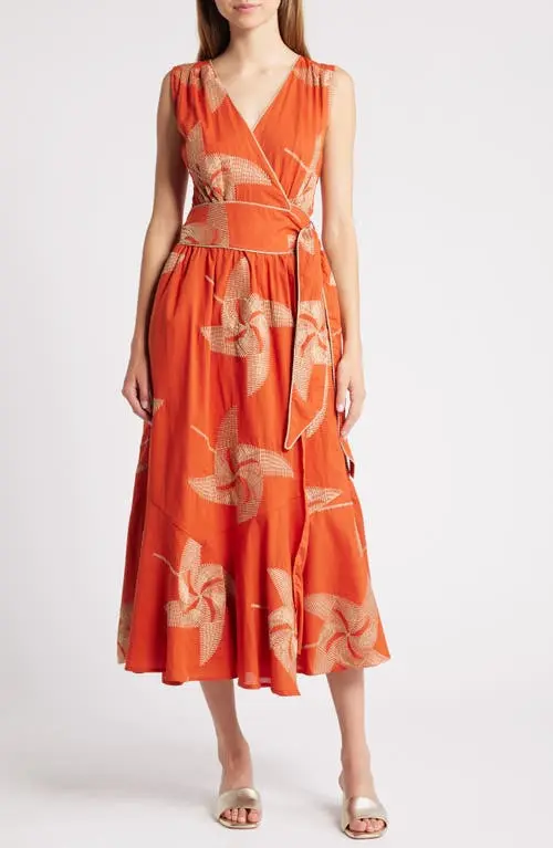 CIEBON Kaiden Embroidered Tie Belt Maxi Wrap Sundress - Terracotta/ Flax