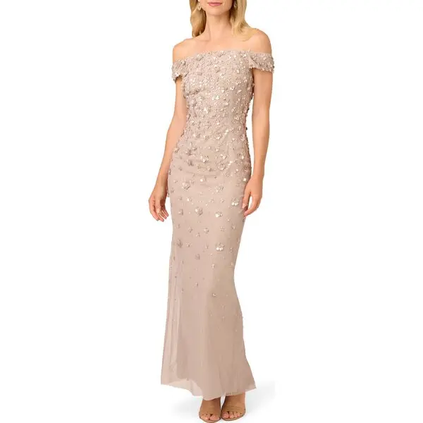 Adrianna Papell Off-the-shoulder Beaded Gown - Marble
