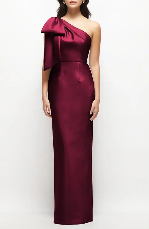 Alfred Sung Bow Detail One-shoulder Gown - Cabernet