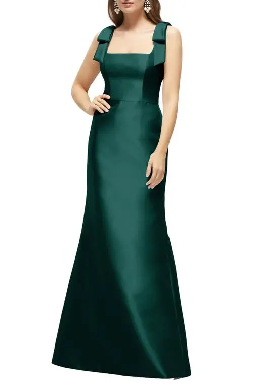 Alfred Sung Bow Strap Satin Twill Trumpet Gown - Evergreen