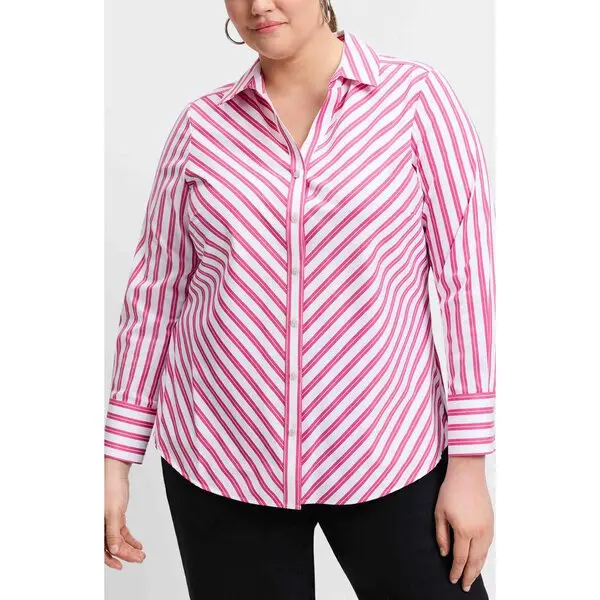 Foxcroft Mary Stripe Stretch Button-up Shirt - Ruby Pink/ White