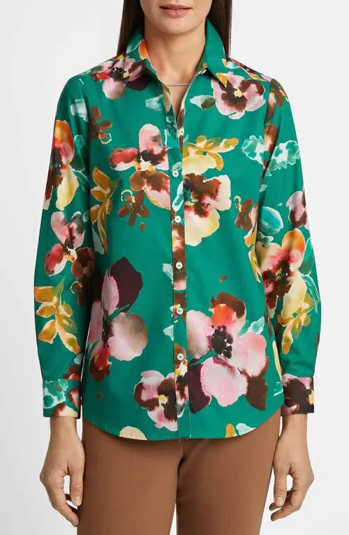 Foxcroft Zoey Watercolor Floral Cotton Button-up Shirt