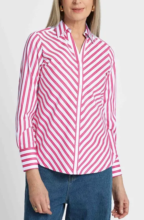 Foxcroft Mary Stripe Cotton Blend Shirt - Ruby Pink/ White