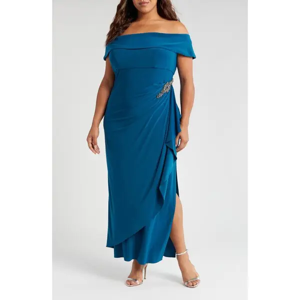 Alex Evenings Off The Shoulder Embellished Column Gown