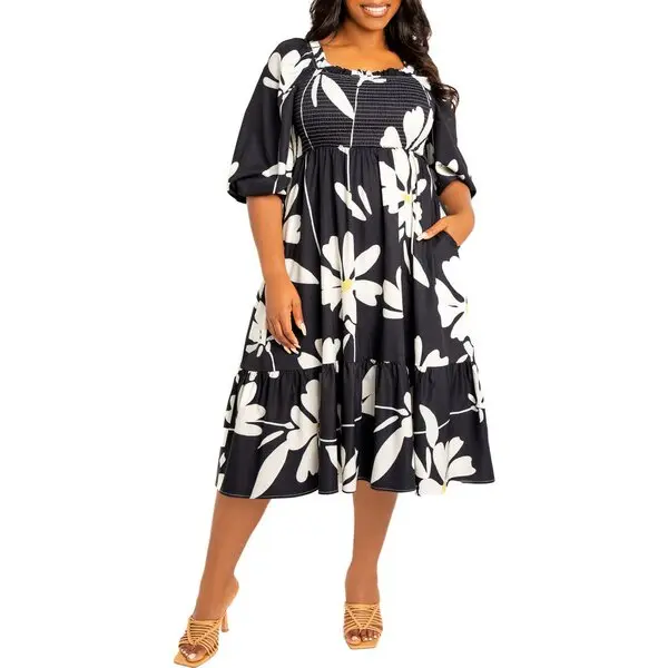 BUXOM COUTURE Floral Smocked Midi Dress