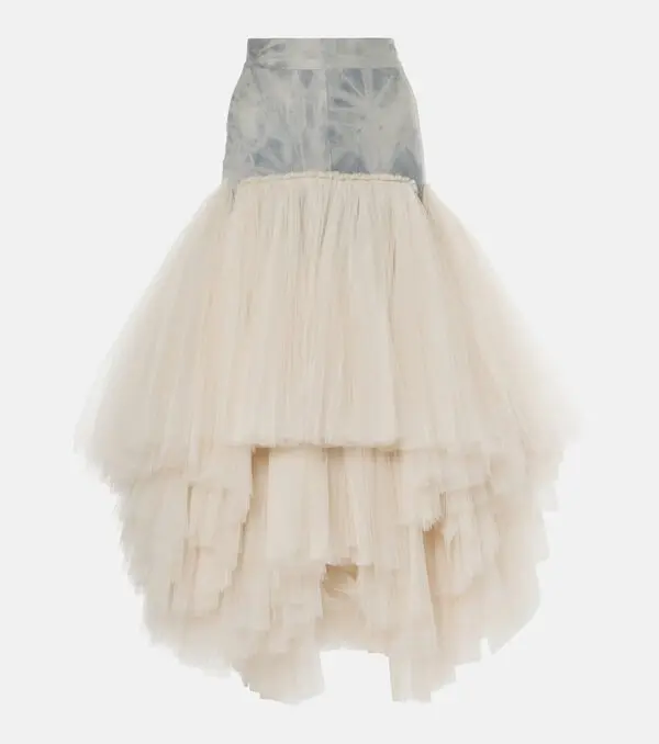Maticevski Graceful Denim And Tulle Maxi Skirt In White 40% Off