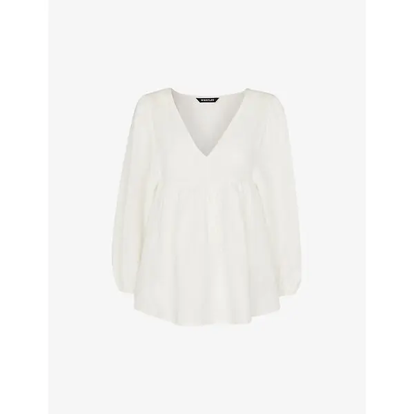 Whistles Gloria V-neck Balloon-sleeve Cotton And Linen-blend Blouse