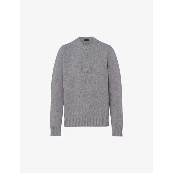 Prada Brand-embroidered Wool And Cashmere-blend Jumper - Grey