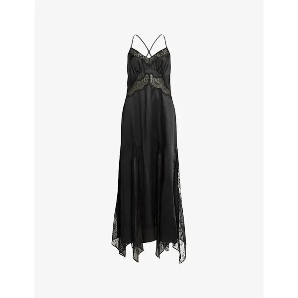 Allsaints Jasmine Lace-Embroidered Asymmetric-Hem Woven Midi Dress In Black  - 33% Off | Editorialist