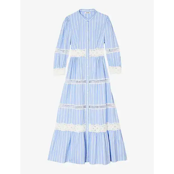 Sandro Lace-Embroidered Long-Sleeve Striped Cotton Maxi Dress - Bleus |  Editorialist