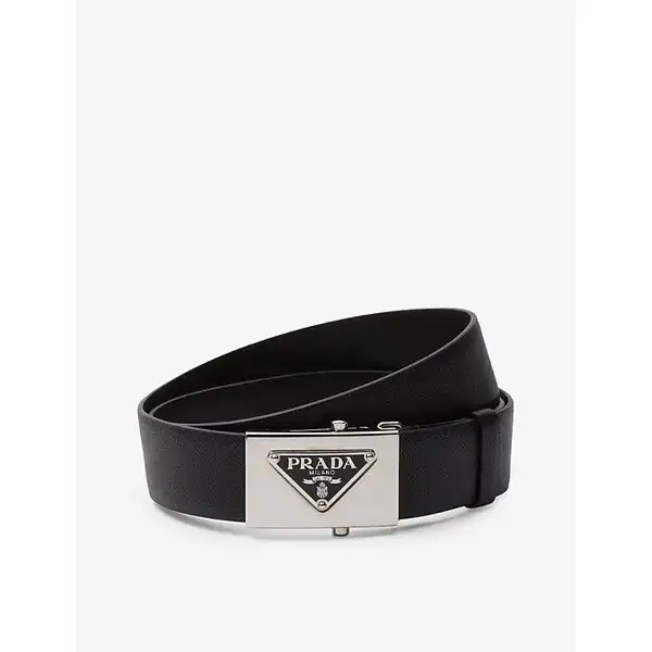 Prada Logo Plaque-Buckle Saffiano-Leather Belt 34 - Black 