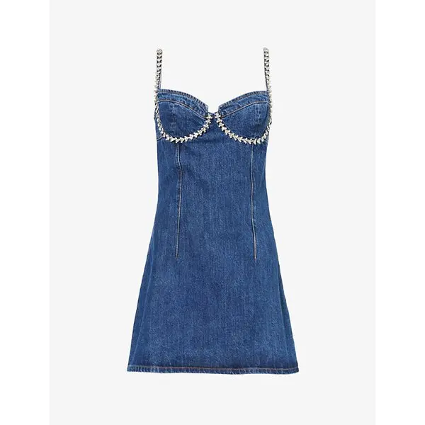 white christmas dresses Denim Crystal Trim Mini Dress – self-portrait-US main image 0