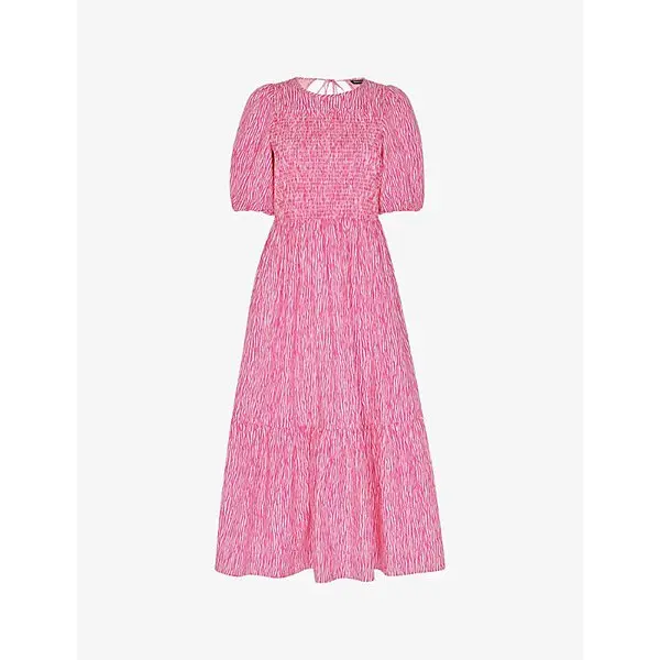 Whistles Graphic-print Shirred-bodice Cotton Midi Dress - Multi-coloured