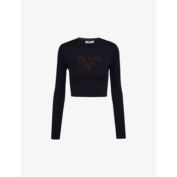 Prada Logo-intarsia Cropped Silk Jumper - Blue