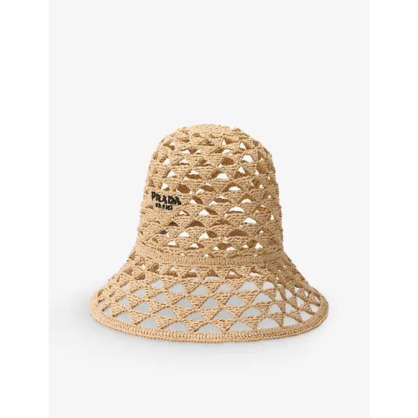 Prada Brand-embroidered Cut-out Woven Bucket Hat - Neutral