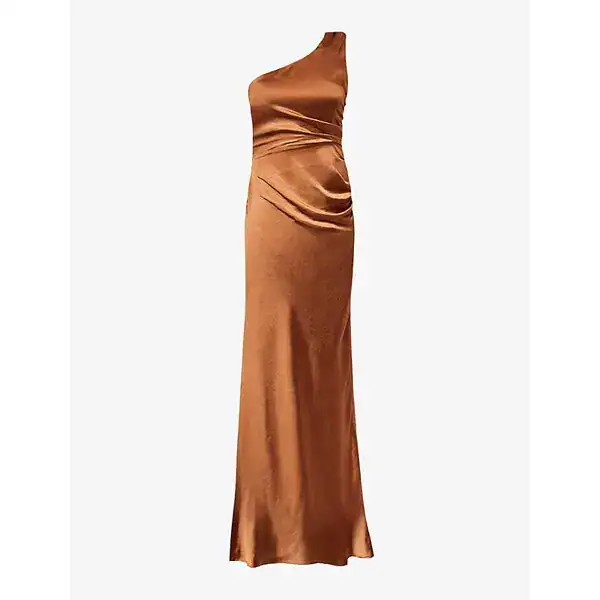 six stories brown dress One Shoulder Drape Satin Bridesmaid Dress