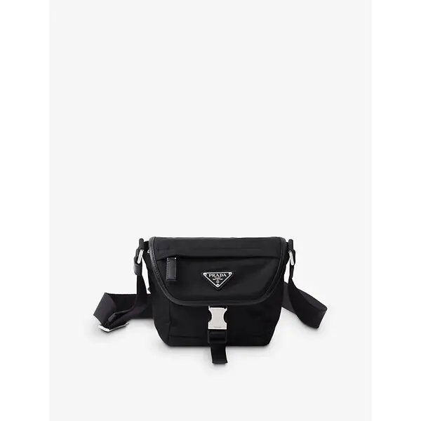 Prada Leather And Nylon Shoulder Bag With Brand-plaque