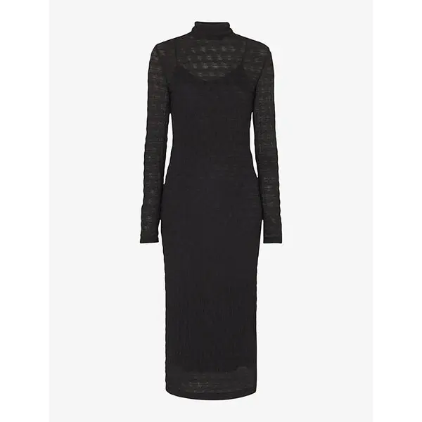 Whistles High-neck Long-sleeve Textured Knit Midi Dress