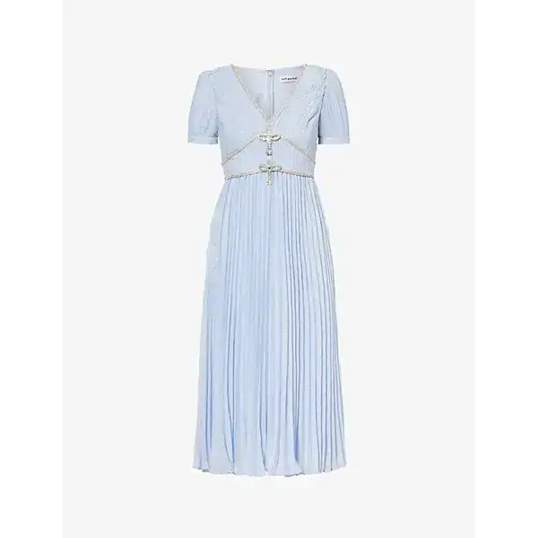 self portrait pleated woven midi dress Self-Portrait Pleated V-Neck Midi Dress - Blue