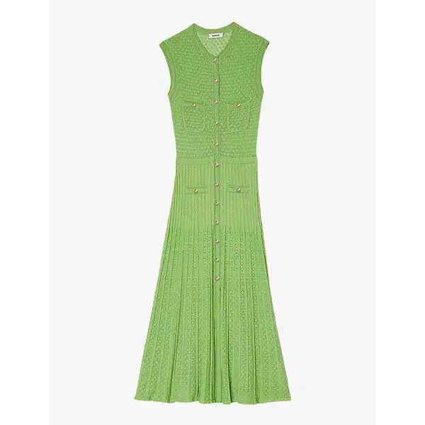 Sandro Patch-Pocket Pleated Pointelle-Knit Midi Dress - Verts | Editorialist